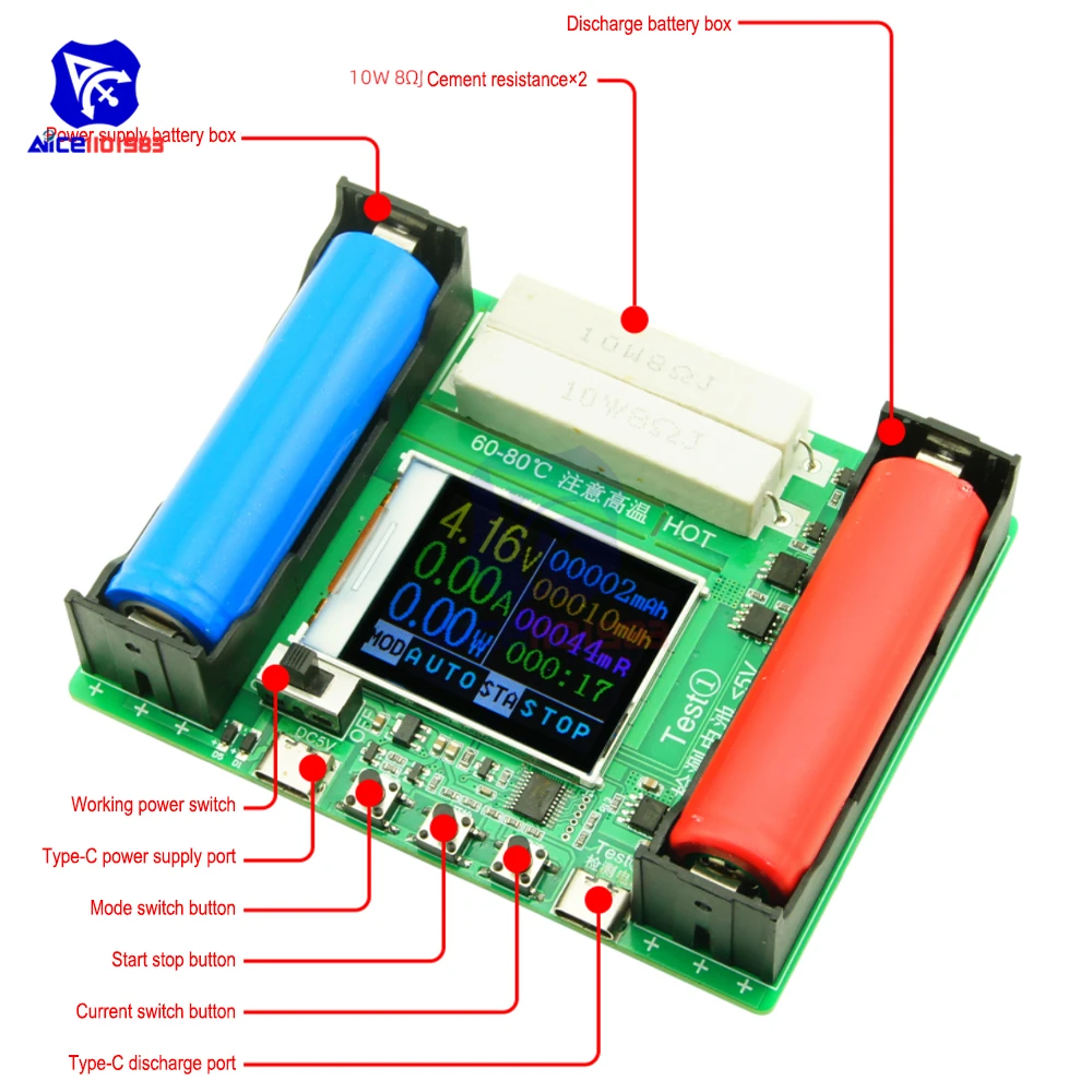 Battery Capacity Tester 18650 Module MAh for 18650 Lithium Battery LCD ...