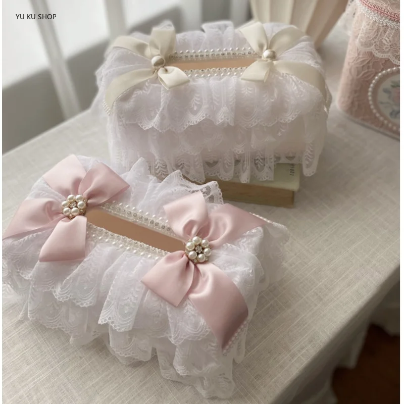 Korean Lace Tissue Box Vintage Pearl Napkin Holder Decorative Fabric ...