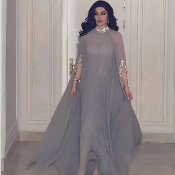 French Luxury Chiffon Sequin Long Robe Solid Long Sleeves Dress for ...