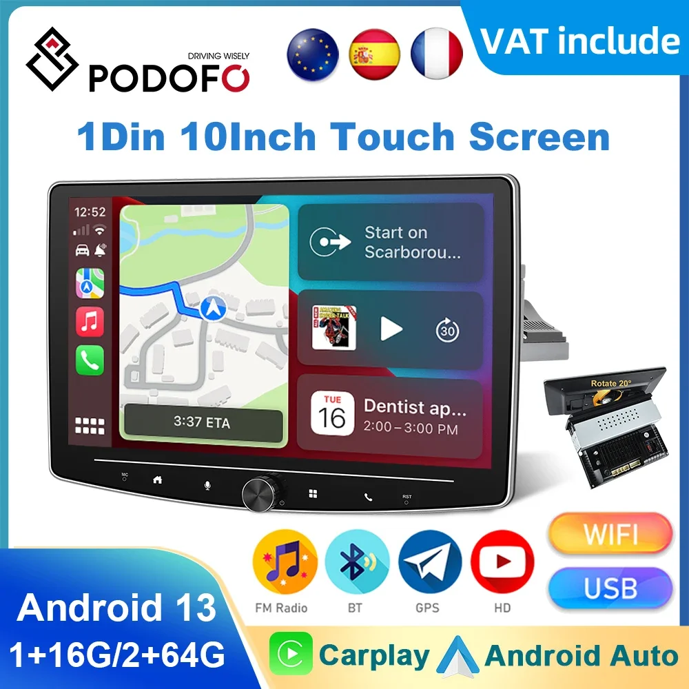 Podofo 1Din 10 inch Car Stereo Radio Rotate Android Car Multimidia ...