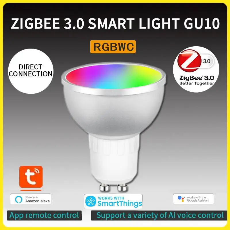Bombilla LED inteligente Tuya Zigbee 3,0 Gu10, lámpara regulable RGBCW de 5W, Control por voz ...