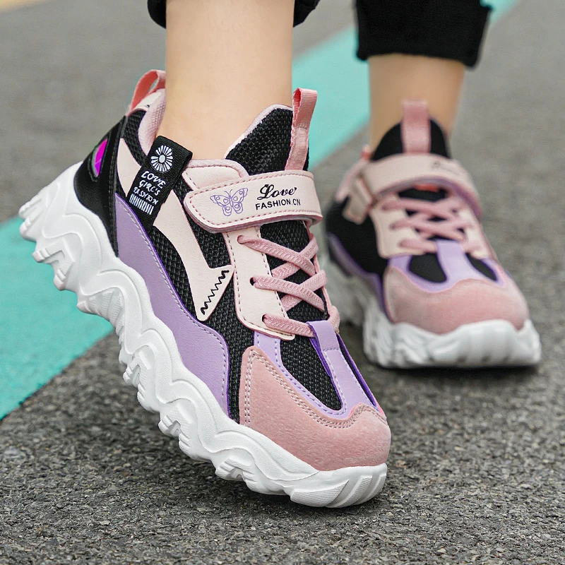 Fashion Children Shoes Girls Sneaker Black Pink PU Leather Platform ...