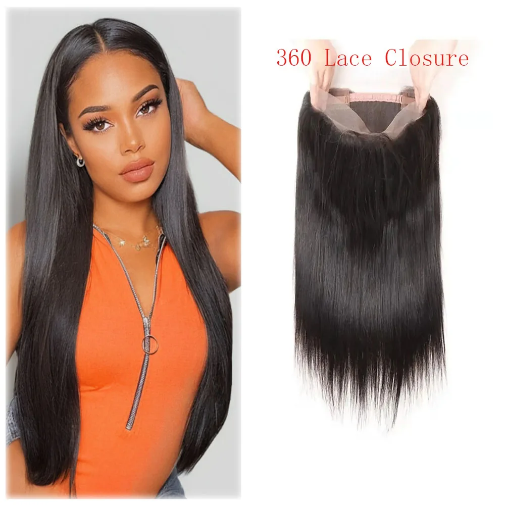 Black 360 Lace Frontal Closure Straight Human Hair Pre Plucked Natural ...