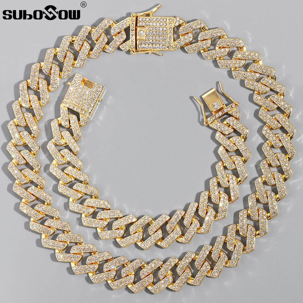 20mm Men Hip Hop Prong Cuban Link Chain Necklace Bling Iced Out 2 Row ...