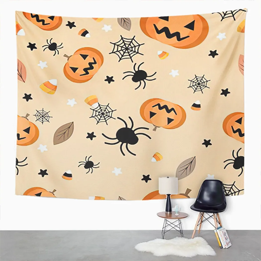 Pumpkin-Monster-Tapestry-Wall-Hanging-Orange-Spider-Leaves-Wall-Art ...