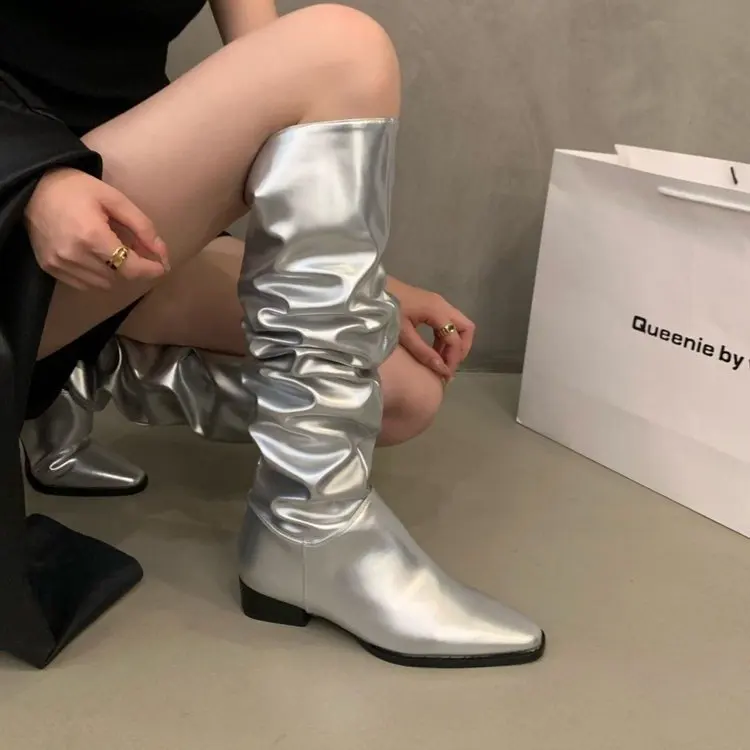 Flat-Long-Boots-for-Women-Fashion-Sliver-Casual-Knee-High-Boots-Autumn ...