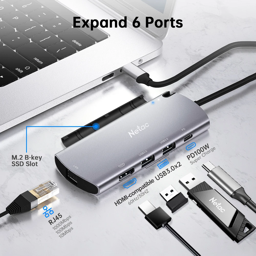 Netac USB C 타입 허브, 데스크탑 노트북, 맥북 프로 에어, USB 허브용, 3.1 M2 SSD 케이스, 6 in 1 ...