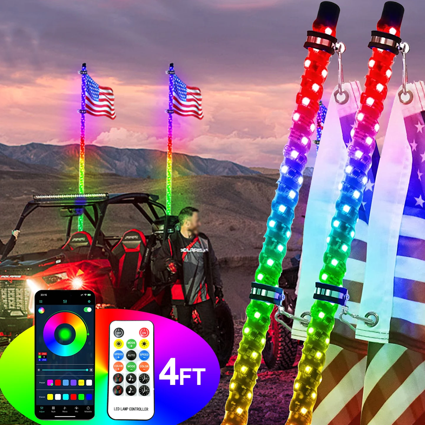 LED Whip Light with App & Remote Control, Spiral RGB Chasing Music Whip ...