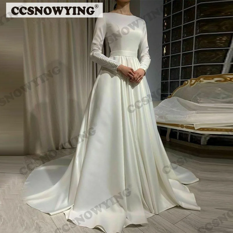 Simple-Satin-Long-Sleeve-Muslim-Evening-Dresses-Cuff-Pearls-Islamic ...