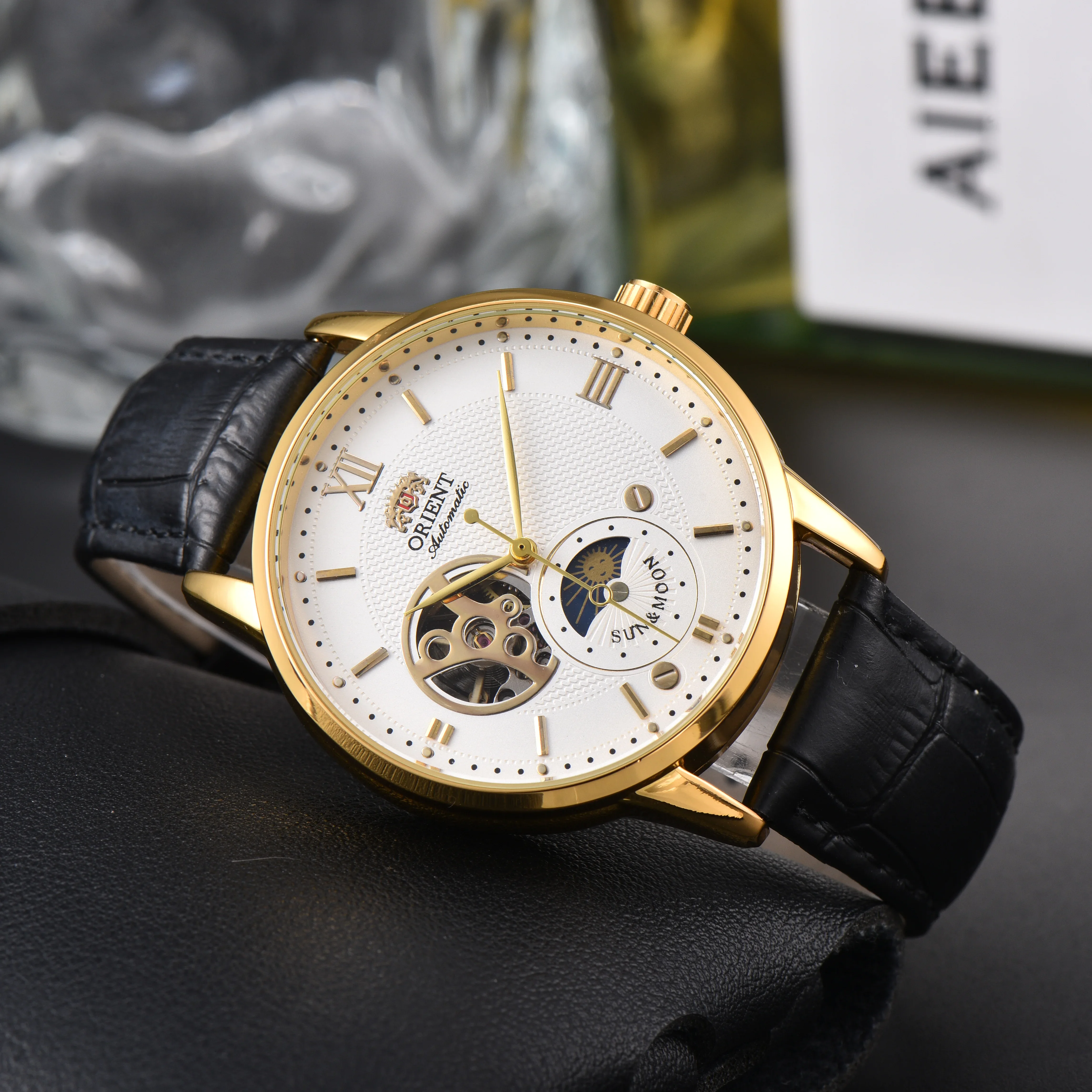 Orient Automatic Men's Watch Sun & Moon Phase Skeleton Dial Gold Case ...