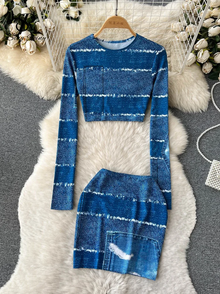 Singreiny 2023 Spring Print Sexy Two Pieces Suits Fashion Long Sleeve