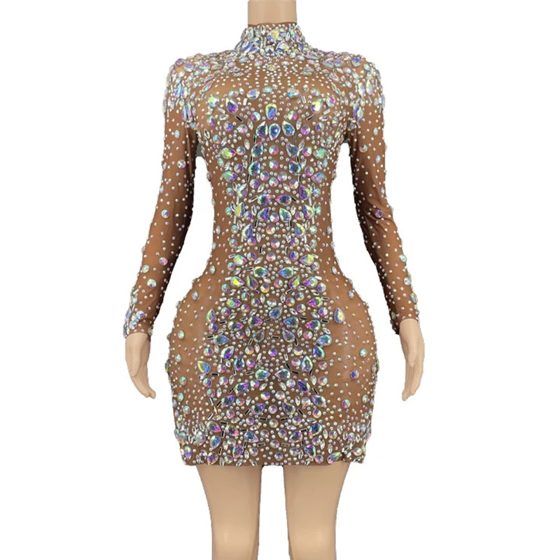 Sparkly-Crystal-Transparent-Brown-Mesh-Transparent-Short-Dress-Sexy ...