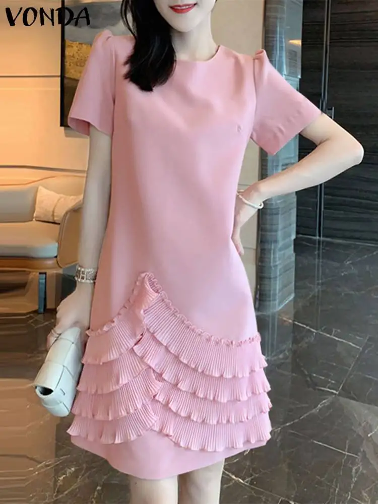 VONDA-Elegant-Ruffled-Mini-Dress-2024-Summer-Women-O-Neck-Short-Sleeve ...