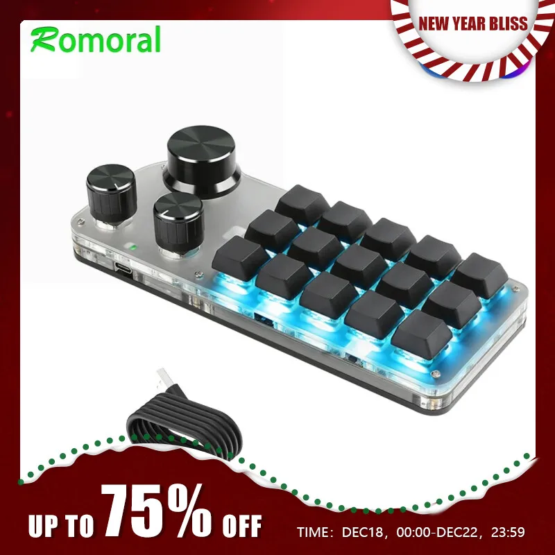 Romoral-Macro-Programming-Keyboard-15-Buttons-3-Knobs-Custom-Game ...