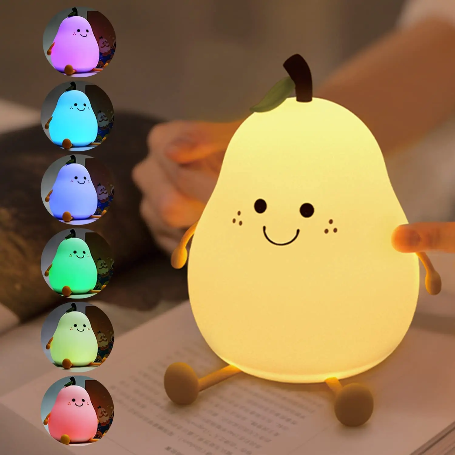 Pear-Night-Light-Touch-Portable-LED-Silicone-Lamp-Rechargeable-7-Color ...