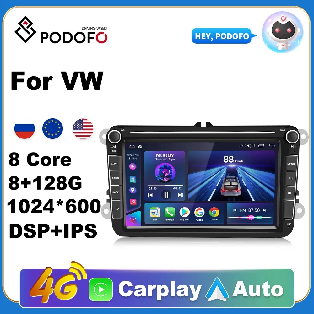 Rádio do carro de podofo 2 din andriod 10 gps carplay jogador para vw/volkswagen/golfe/polo ...