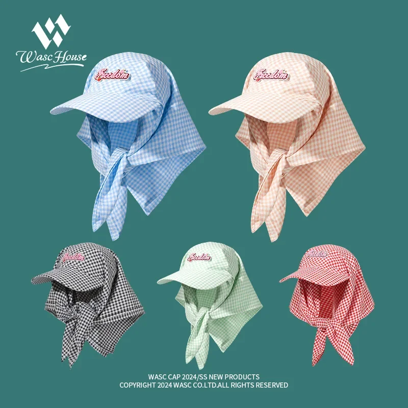 Dopamine Color Plaid Strap Headscarf Hats for Women Summer Seaside ...