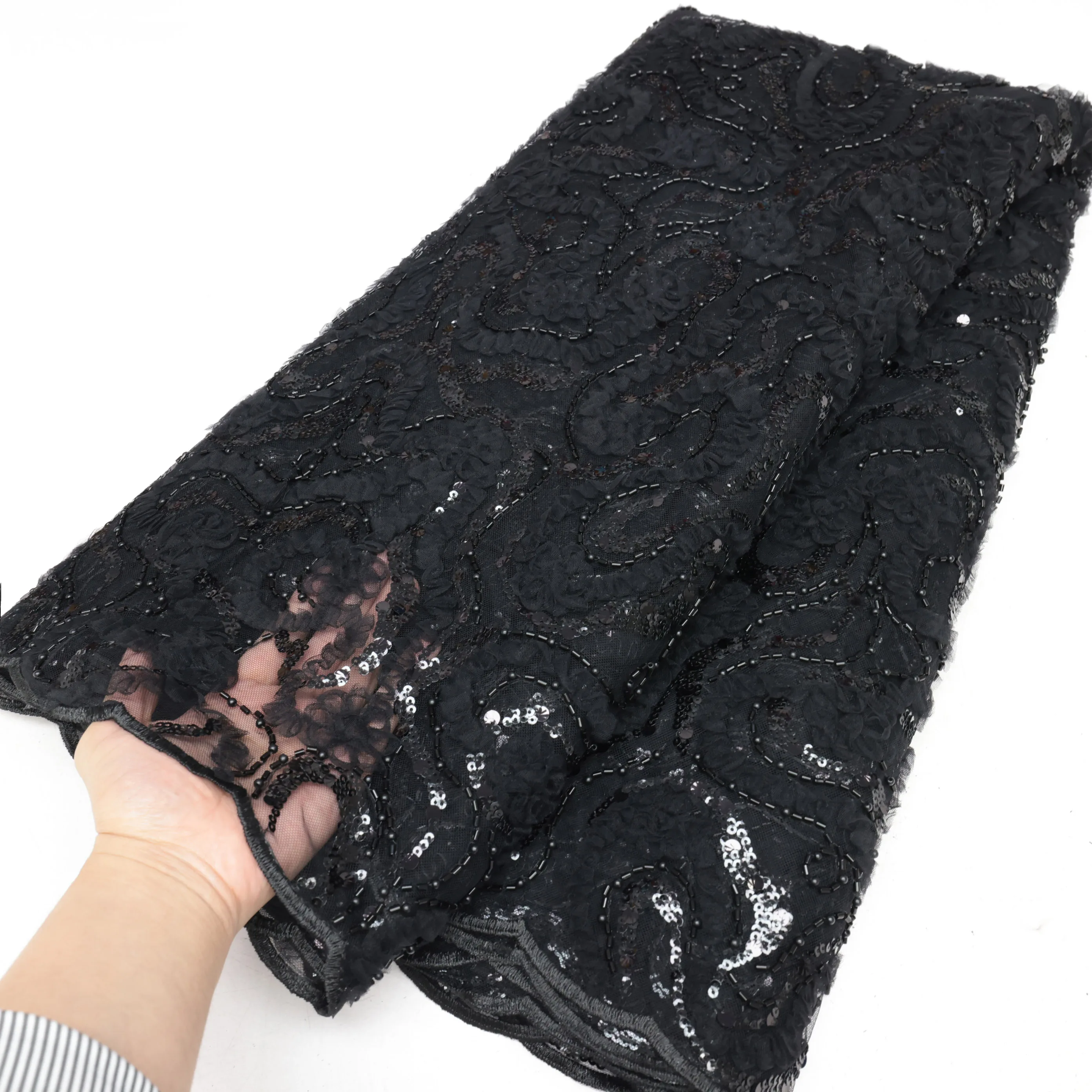 Tela-de-encaje-africano-negro-de-lujo-bordado-de-cuentas-pesadas ...