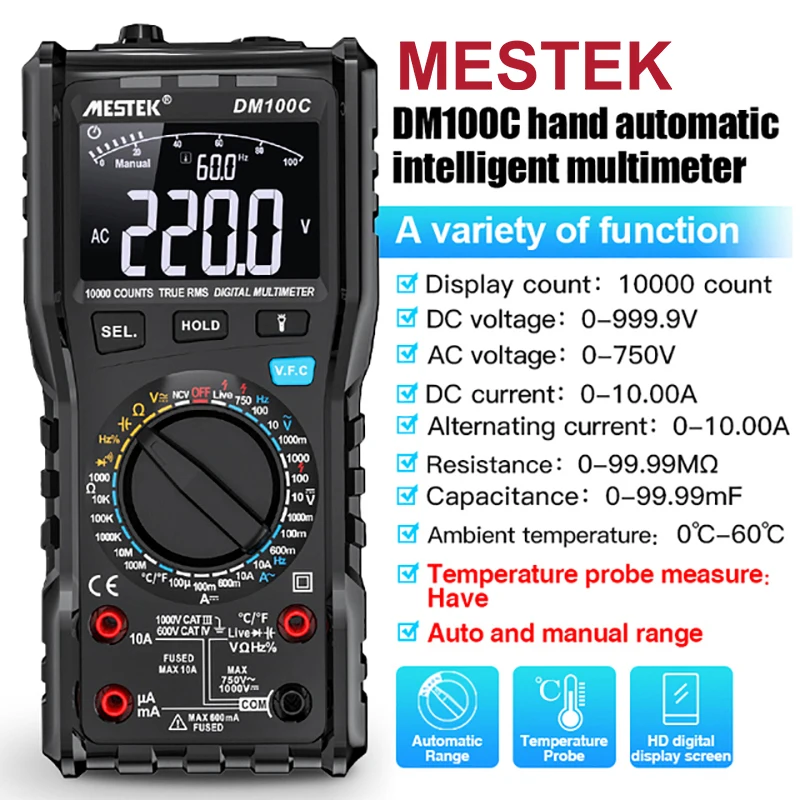 New 9999 Counts Digital Multimeter Temp Auto Range 1000V 10A Tester ...