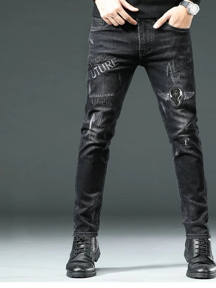 High-End-Stylish-Classic-Distinctive-Printed-Black-Stretch-Denim-Jeans ...