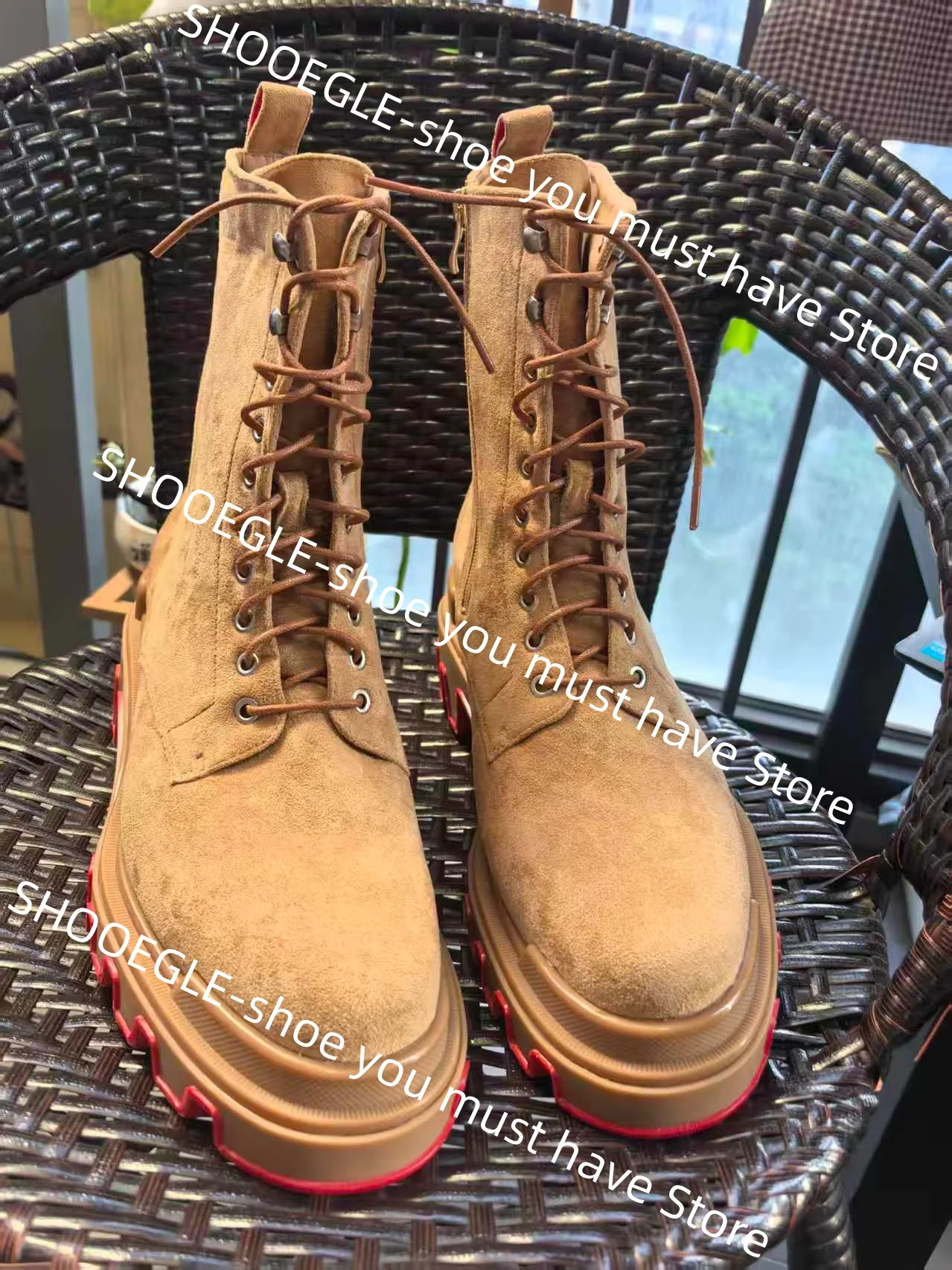 Women's Beige Suede Combat Boots Soled Platform Sole Mid-Calf Design ...