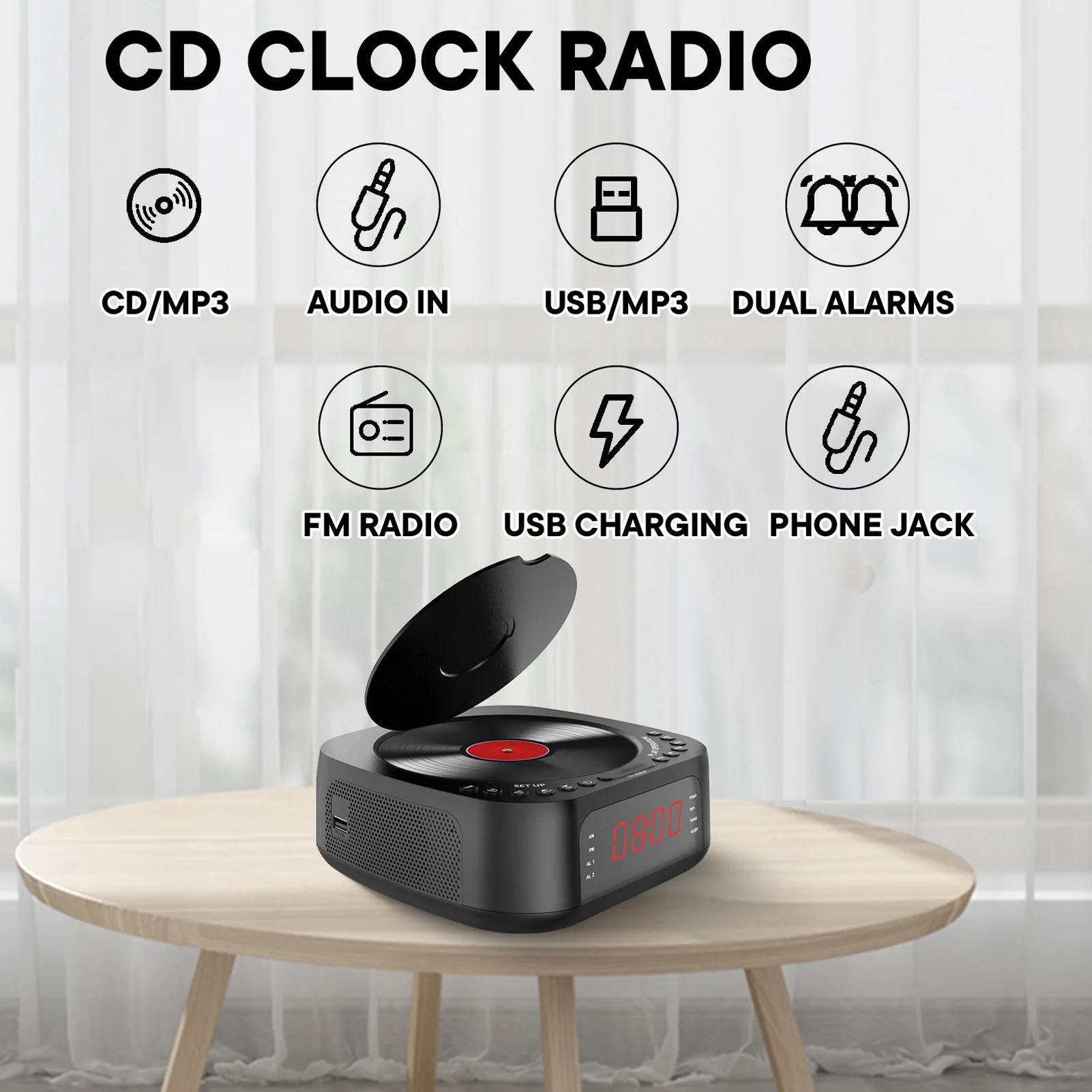 CD Player Alarm Clock USB Charging Dimmable Display Desktop Bluetooth ...