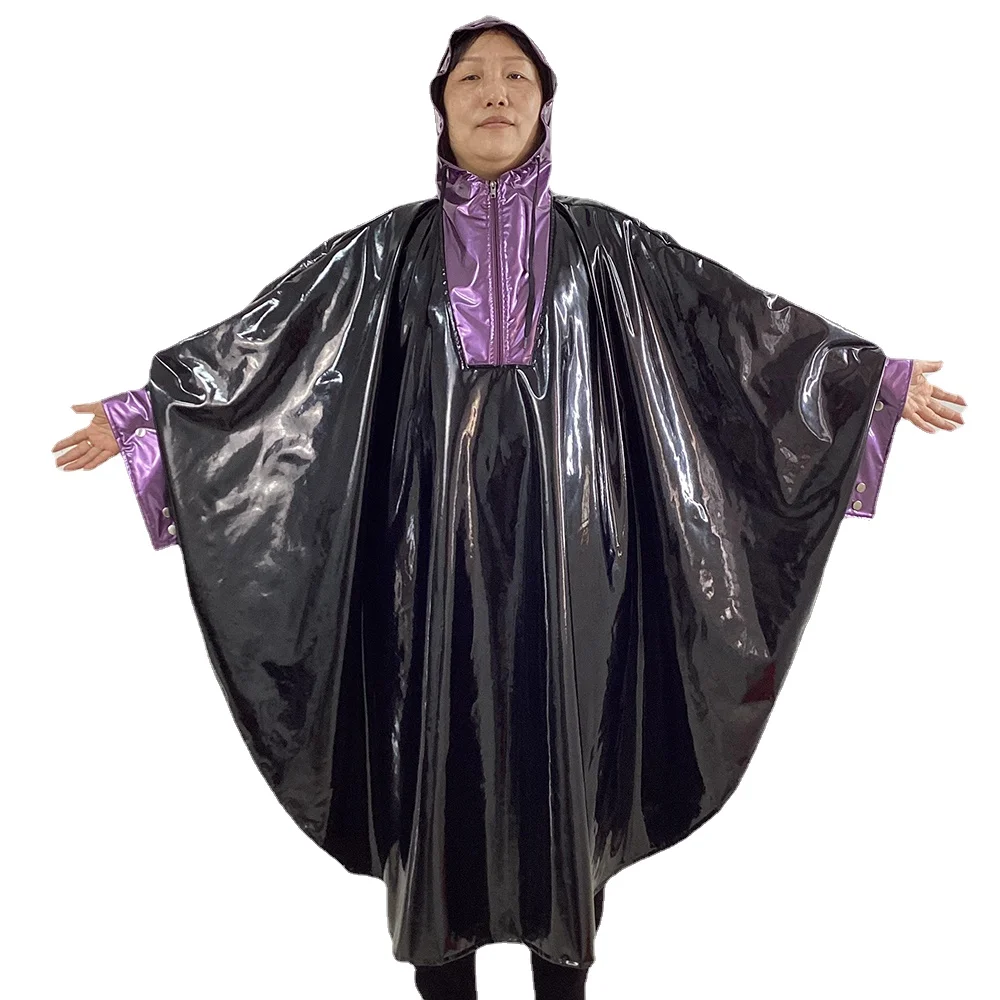 Glossy-PVC-Loose-Front-Zip-Hooded-Dress-Cloak-Big-Batwing-Long-Sleeve ...