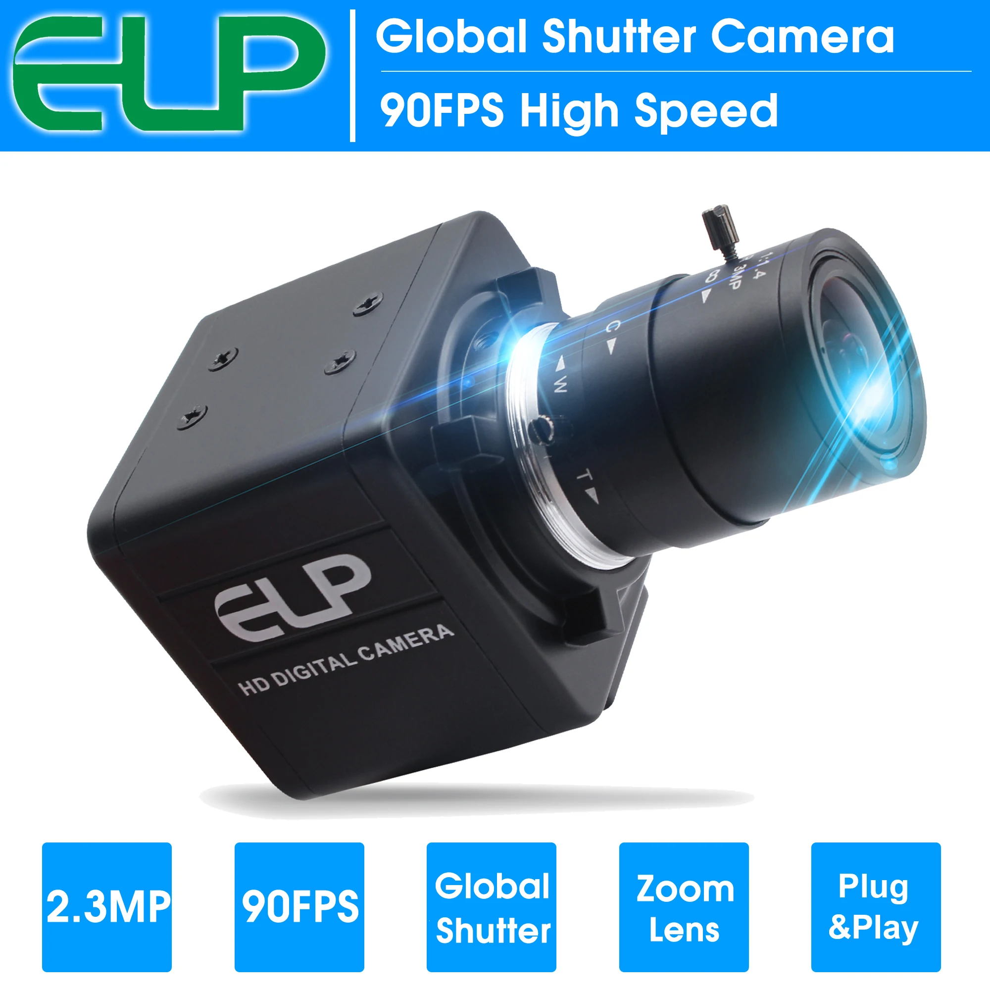 ELP 2MP High Speed 90FPS Global Shutter Mini UVC USB2.0 Web Camera AR0234 with Manual Zoom 5 ...