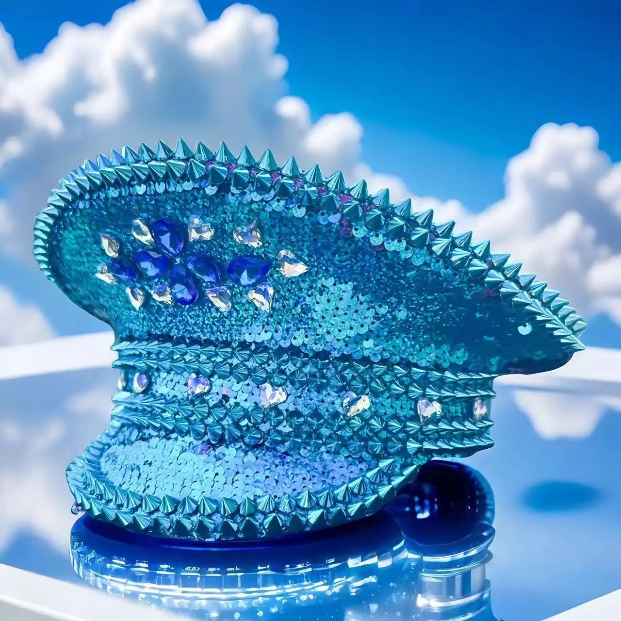 Blue Steampunk Captain Hat Unisex Sequin Military Cap Navy Cap ...
