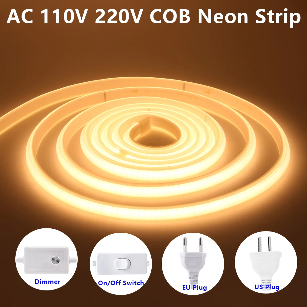110V-220V-COB-LED-Strip-Light-With-Dimmer-Switch-Power-Plug-Waterproof ...