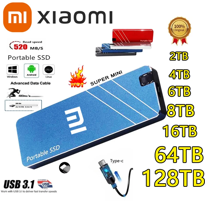 샤오미 휴대용 SSD C타입 USB 3.1 외장 모바일 솔리드 스테이트 드라이브, 미니 고속 하드 드라이브, 노트북 하드 ...