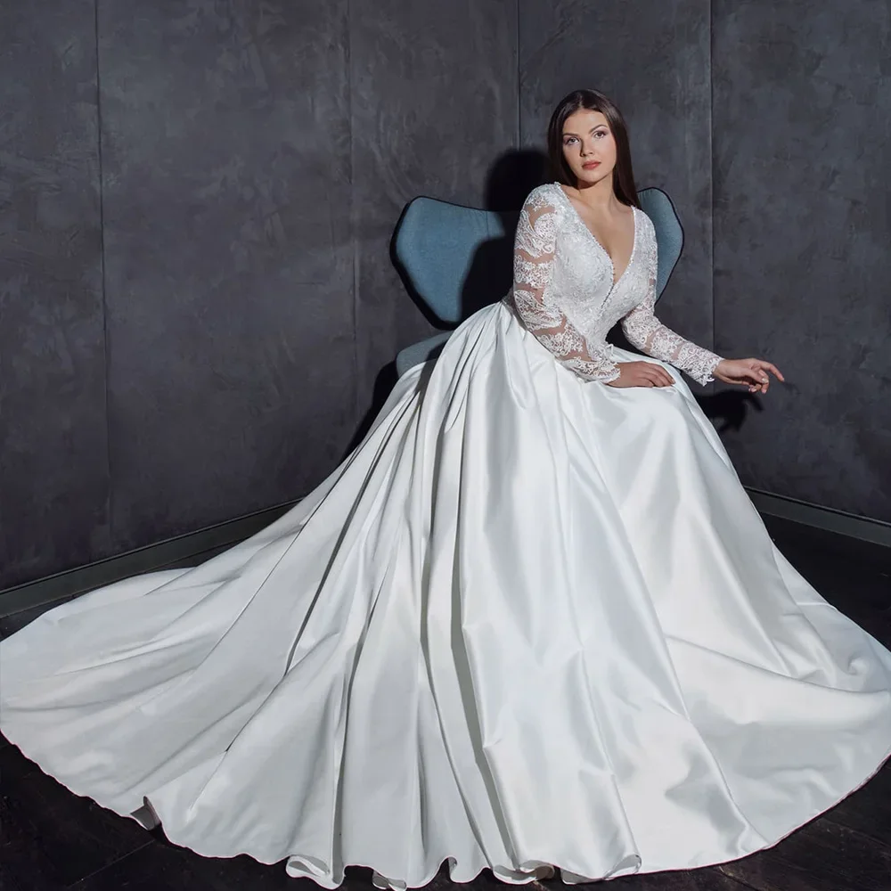 Customized Elegant Satin Wedding Gowns Detachable Train Robe Mariage ...