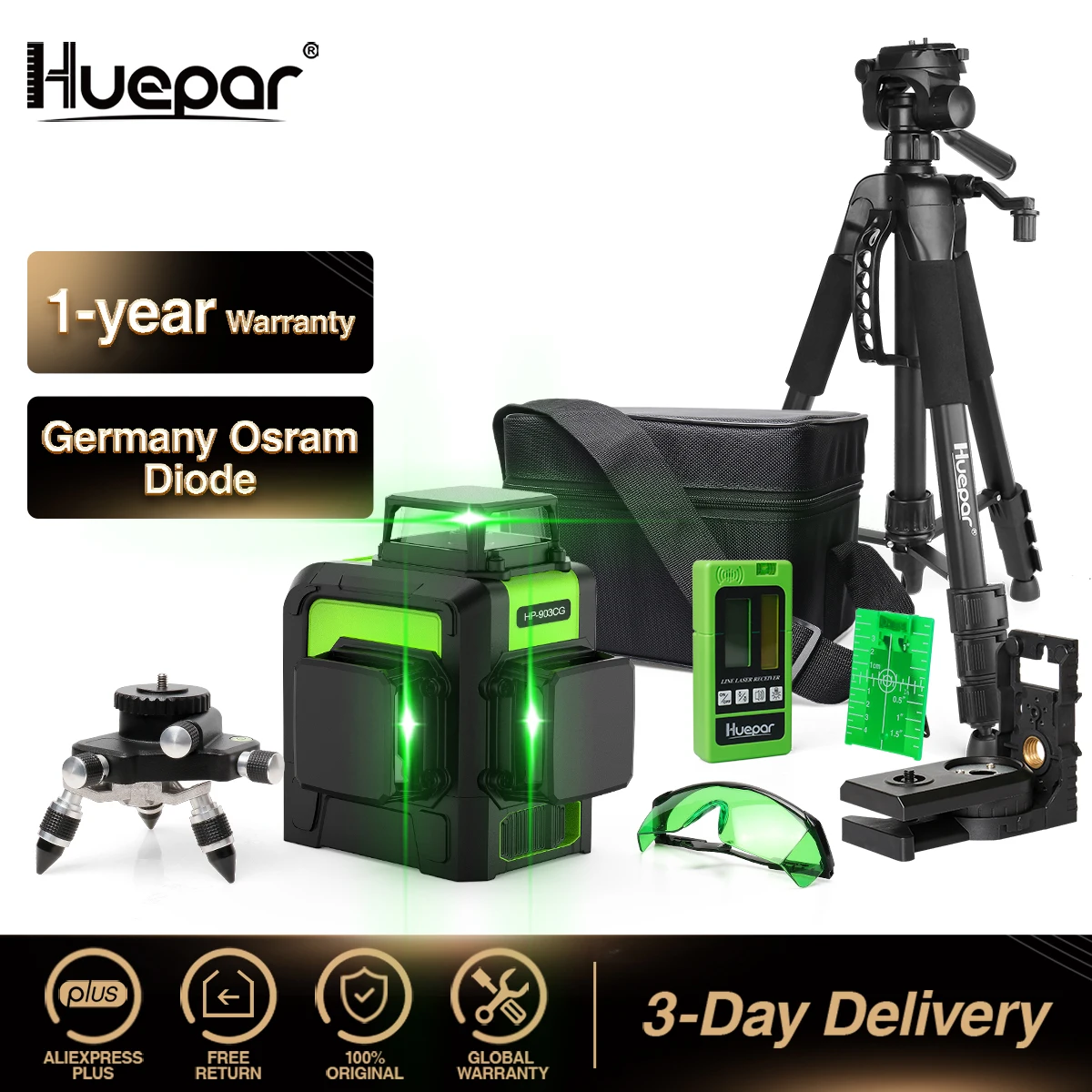 Huepar 12 Lines 3d Cross Line Laser Level Kit Osram Green Laser Beam ...