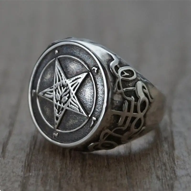 Classic fashion dark devil satan reverse pentagram ring retro mythology ...