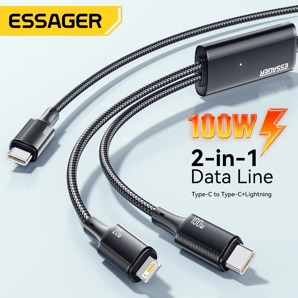 Essager 100W Cable USB C to Type C to Lighting PD Fast Charger Data 2 in 1 Quick Charging Cord ...