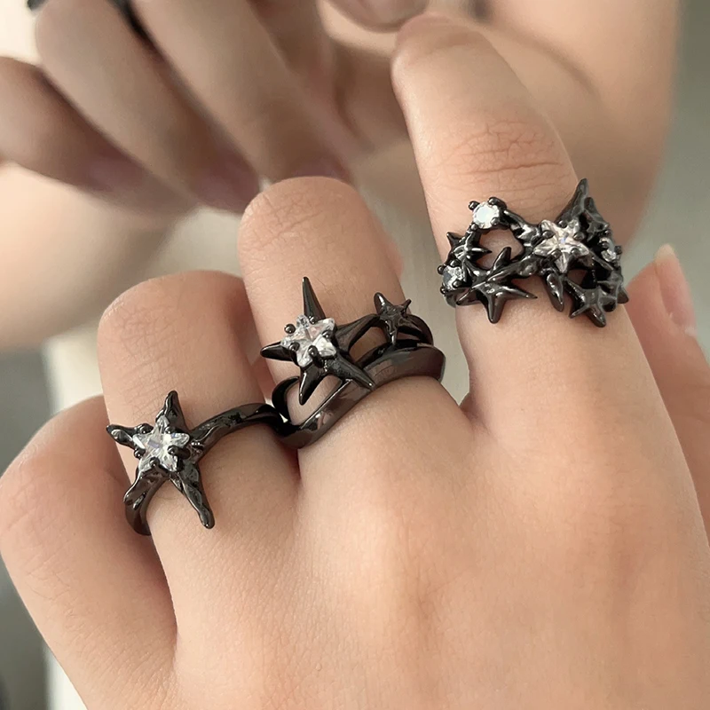 Y2K-Style-Black-Star-Adjustable-Ring-for-Women-Bilayer-Irregular ...