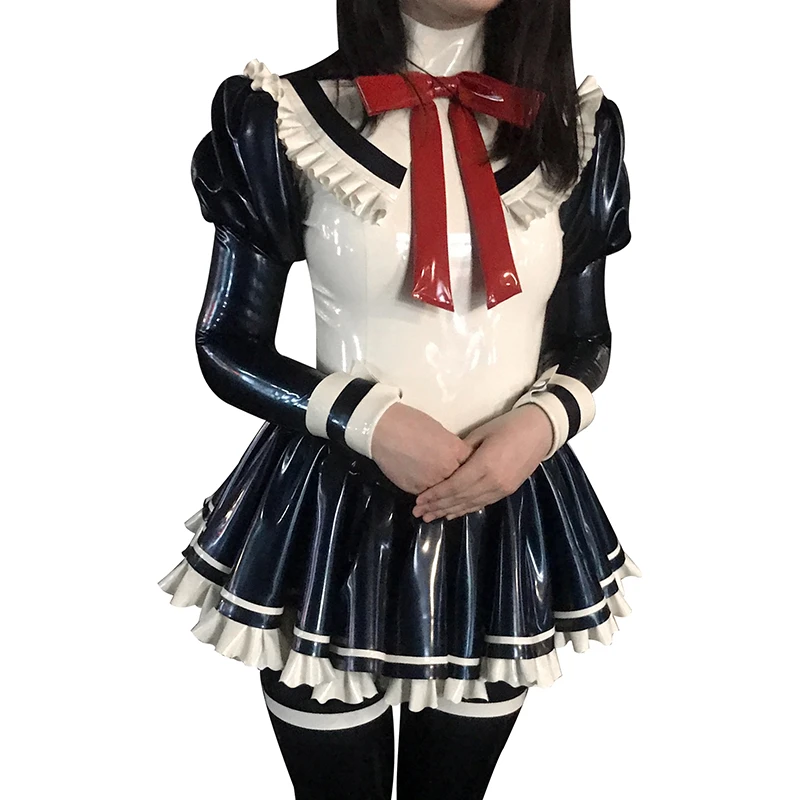 Sexy Latex French Maid Dress With Zippers Back Puffs Sleeves Ruffles ...