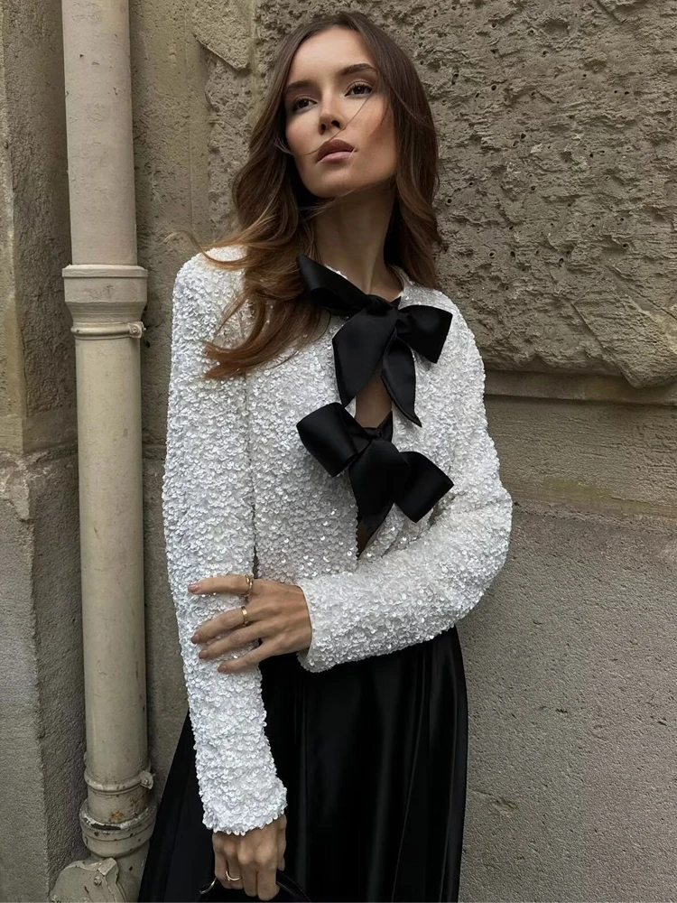 TRAF-Tops-de-renda-com-lantejoulas-de-manga-comprida-feminina ...