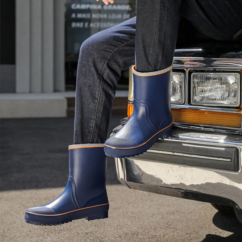 남성 고무 장화 미끄럼 방지 방수 낚시 신발 따뜻한 플러시 남성 캐주얼 미드 카프 작업 부츠 플러스 사이즈 40 45