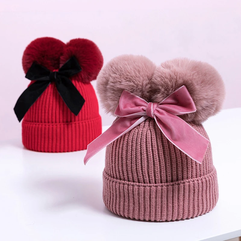 Winter Cute Baby Girls Double Pompom Knitted Caps Warm Bow Beanie Cap ...