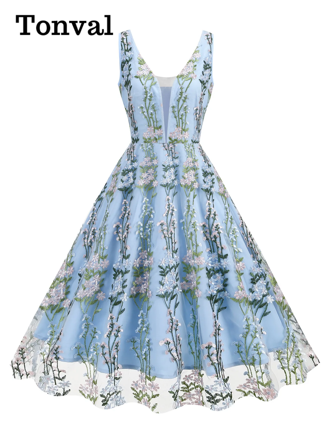 Tonval-Luxury-Floral-Embroidered-Mesh-Overlay-Long-Dresses-Deep-V-Neck ...