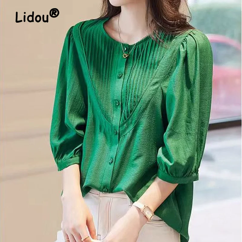 Elegant-Fashion-Solid-Color-Pleated-Blouse-Women-Classic-Half-Sleeve ...