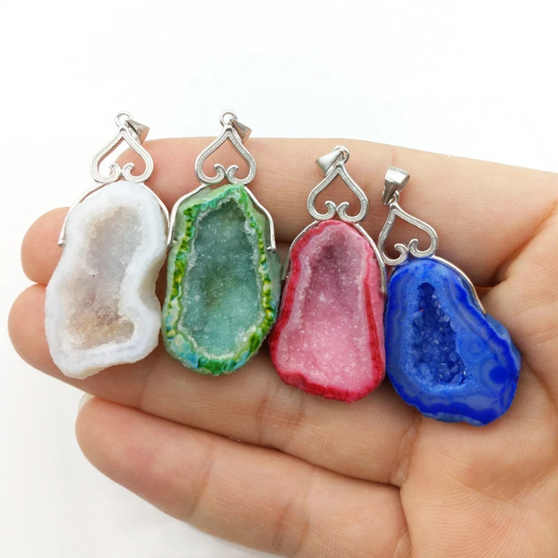 925 Sterling Silver Fashion Natural Agates Geode Druzy Quartz Pendant ...