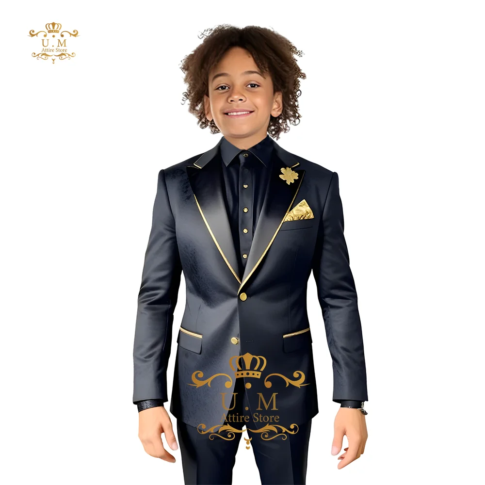 Luxury Boys' Suit 2-Piece Black Texture With Gold Accent Satin Attire ...