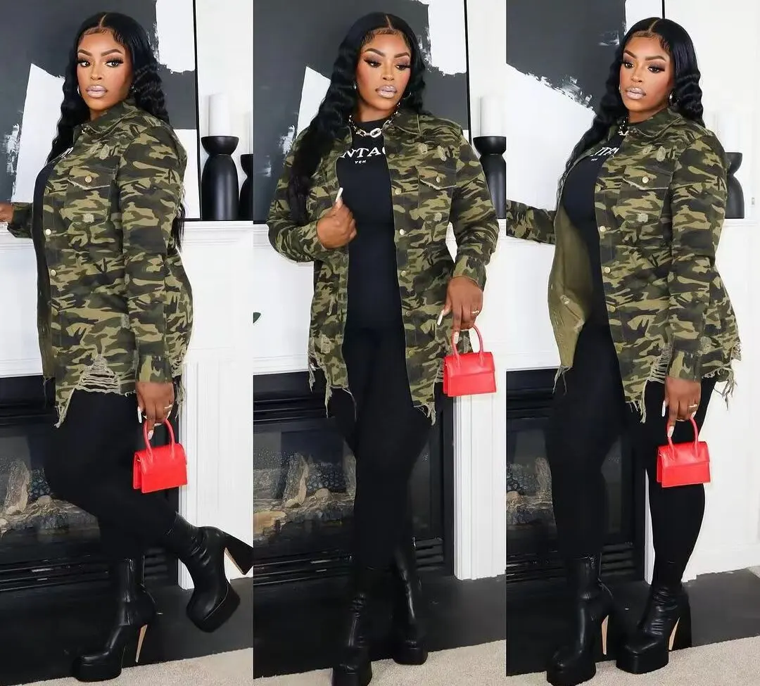 Ripped Camouflage Jeans Jacket Sexy Women Turn Down Collar Elegant Camo ...