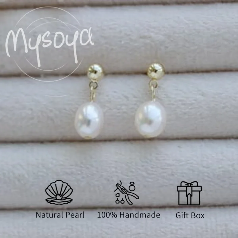 MYSOYA White Rice-Shaped Freshwater Pearl Earrings 7-8mm With Gift Box ...