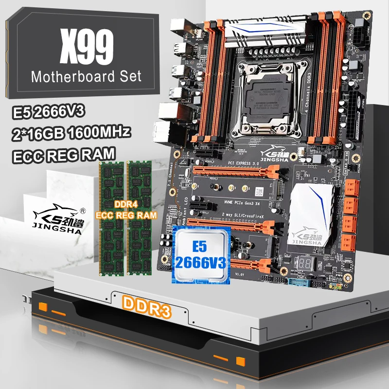 JINGSHA 마더보드 X99Chip X99, 콤보 키트 세트 포함, 제온 E5 2666 V3 32GB 1600MHz ...
