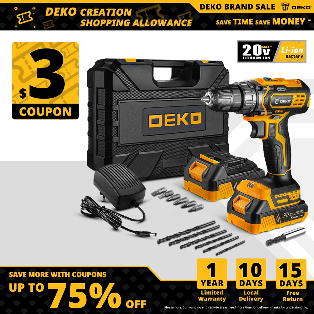 DEKO New 20V Cordless Drill Driver, 40N.m Electric Screwdriver,1500mAh ...
