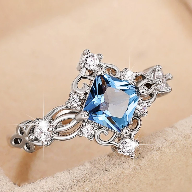 Huitan-Princess-Cut-Blue-Cubic-Zirconia-Women-Rings-Hollow-Band ...