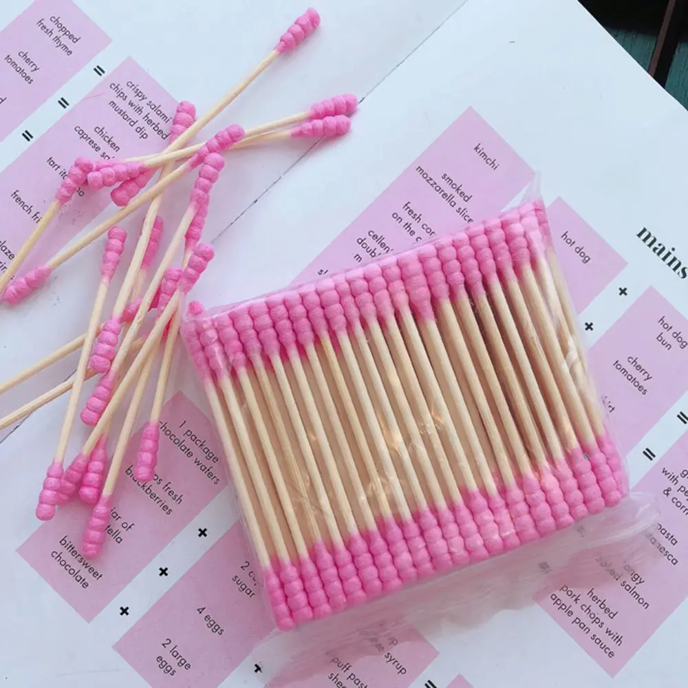 100PCS Disposable Cotton Swab Cute Pink Double Head Cotton Stick Makeup ...
